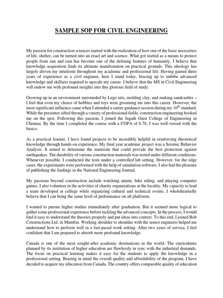 SOP Sample For Civil Engineering in Canada | PDF | Engineering | Experience