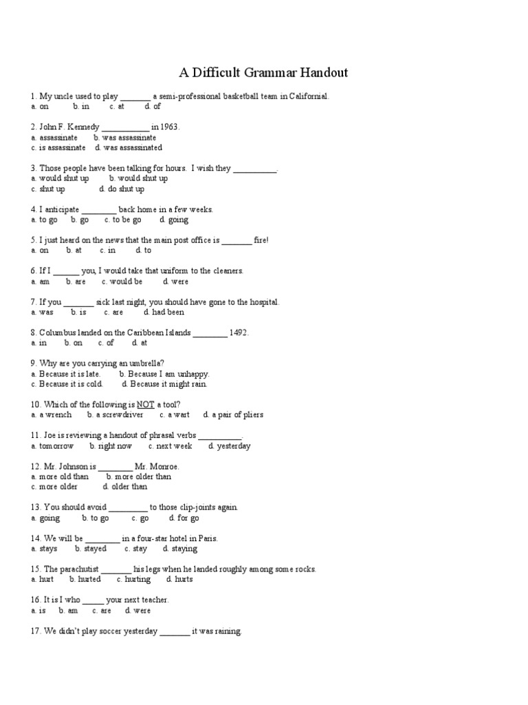 A Difficult Grammar Handout | PDF