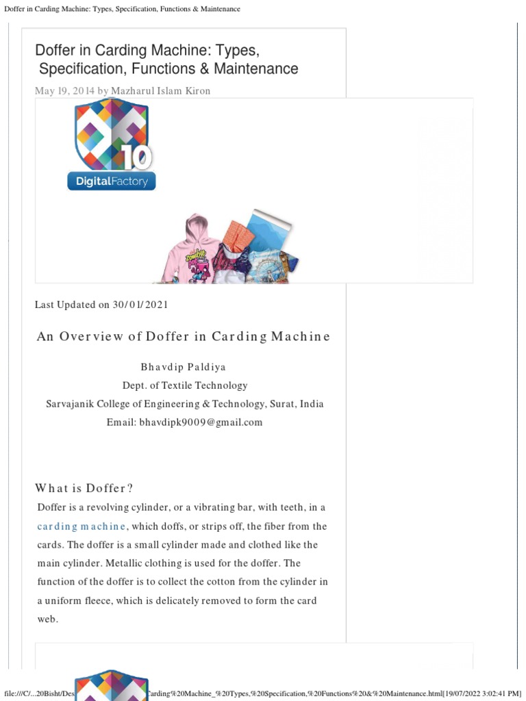 Doffer in Carding Machine - Types, Specification, Functions ...