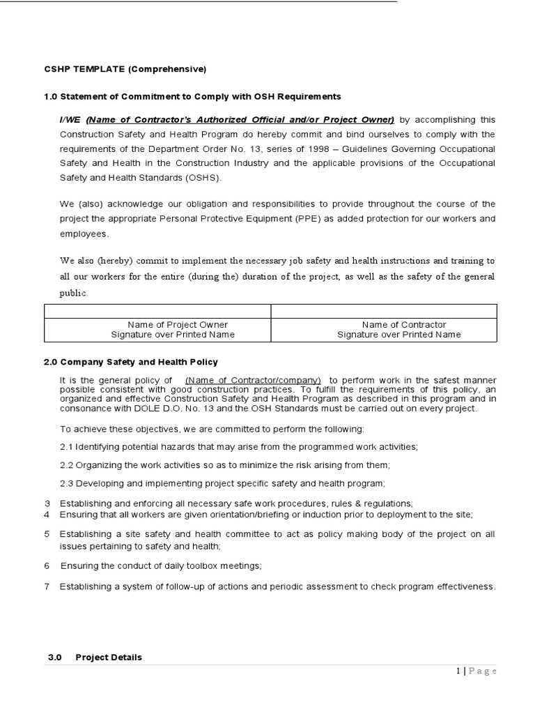 CSHP TEMPLATE (1)_new | PDF | Occupational Safety And Health | Personal ...