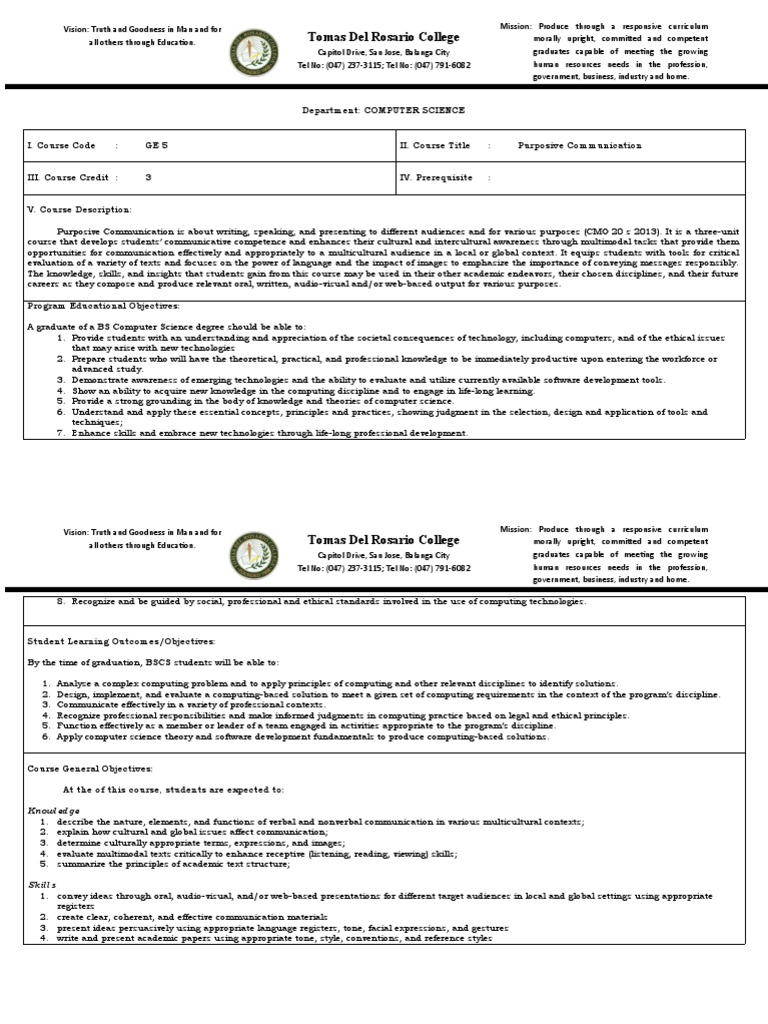 Syllabus GE 5 Purposive Communication ComSci | PDF | Communication ...