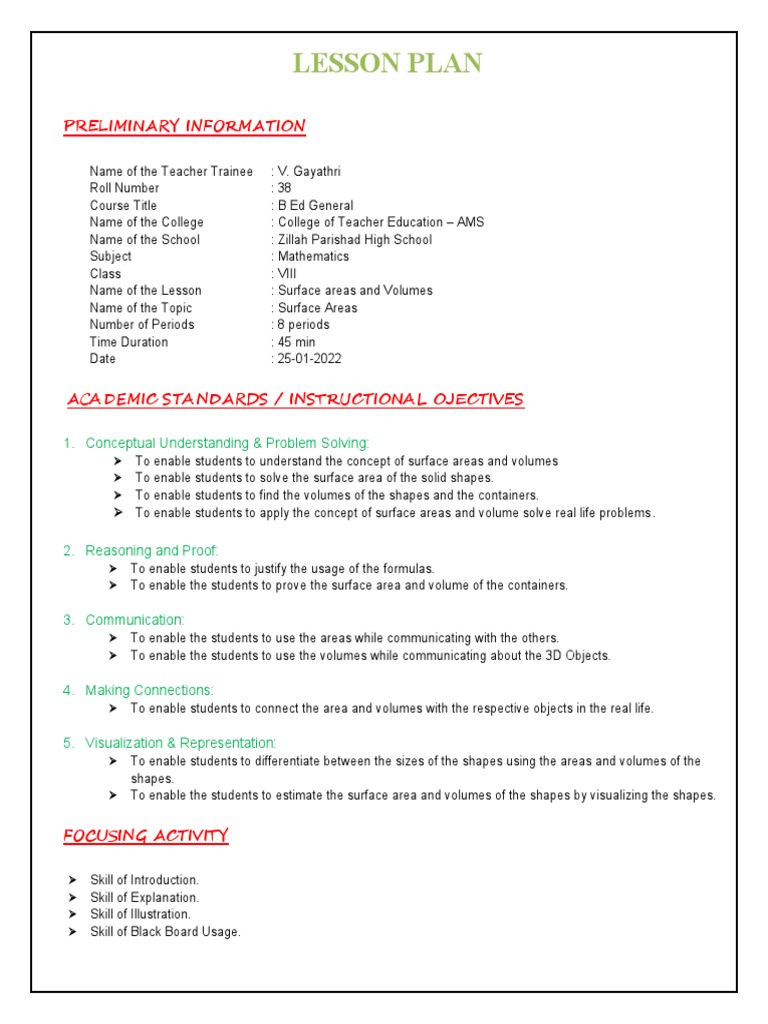 Lesson Plan: Preliminary Information | PDF | Area | Volume