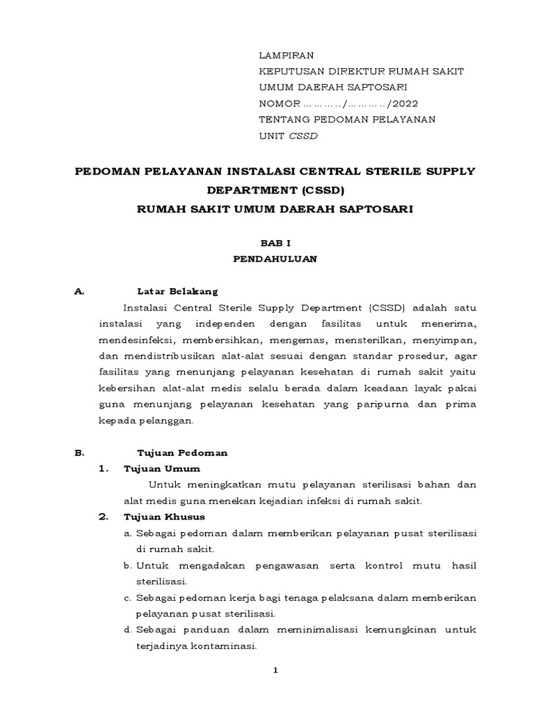 Pedoman Pelayanan Unit CSSD Saptosari 2022 | PDF