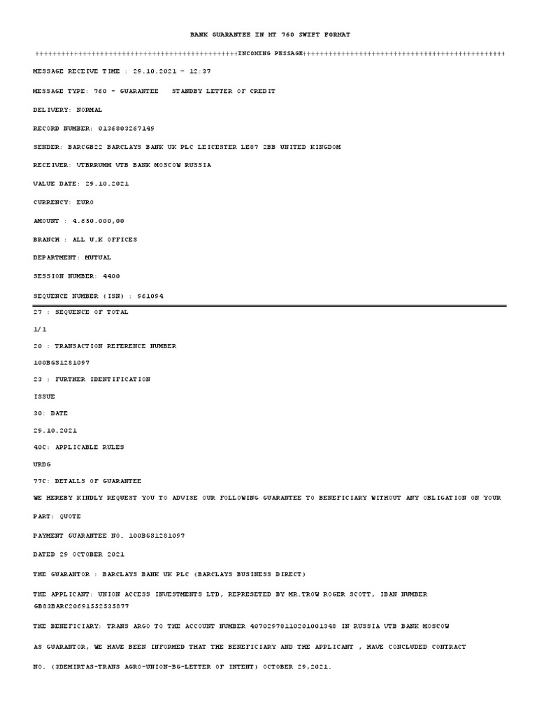 Bank Guarantee in MT 760 Swift Format Incoming Pessage | Download Free ...