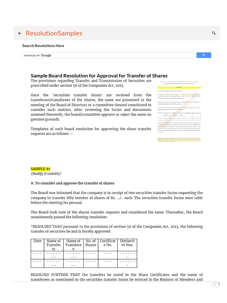 Www Resolutionsamples Com 2019 07 Board Resolution for Transfer of ...