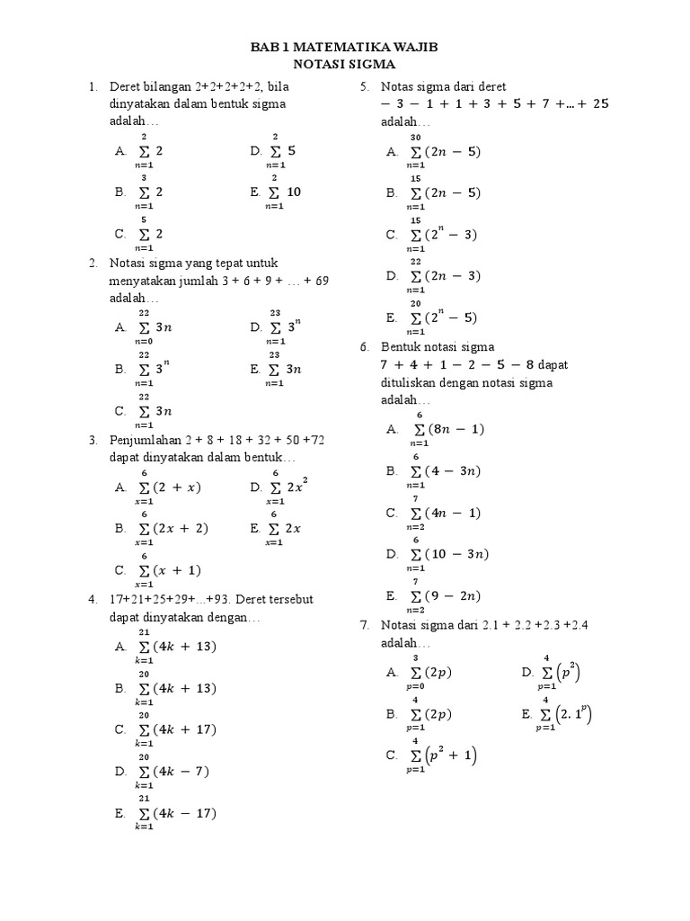 Bab 1 Notasi Sigma Kelas 11-MTK | PDF