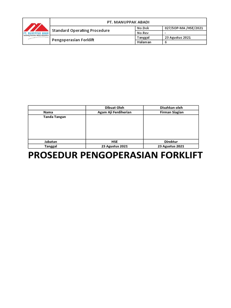 SOP Pengoperasian Forklift PT Manuppak Abadi | PDF | Teknologi & Rekayasa