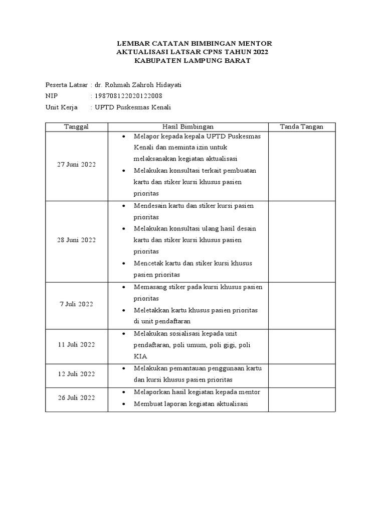 LAMPIRAN-catatan Bimbingan Mentor | PDF