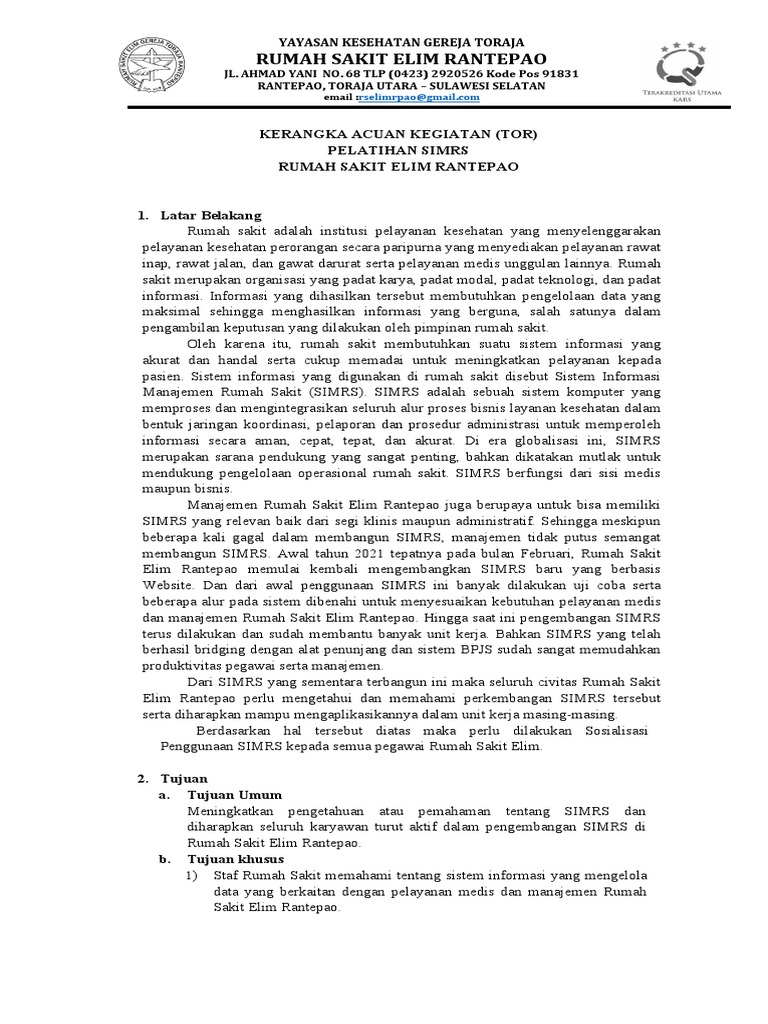 Tor Pelatihan Simrs | PDF