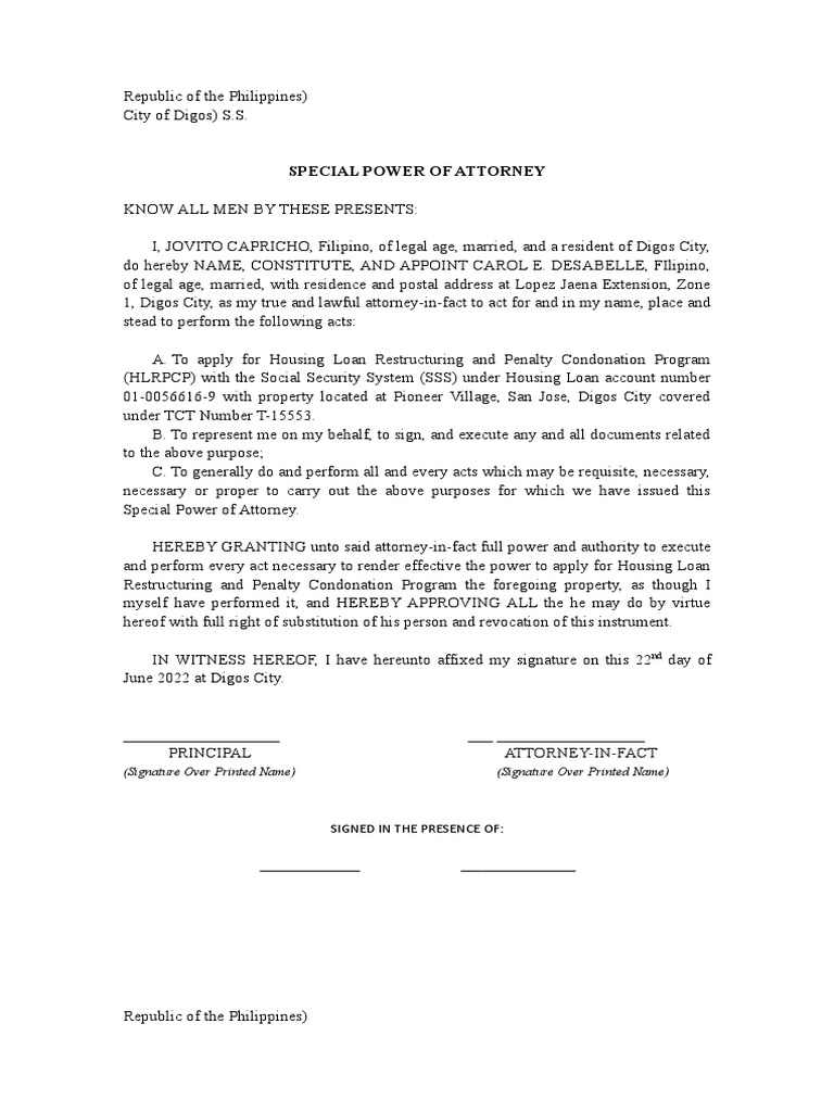Special Power of Attorney: (Signature Over Printed Name) (Signature ...