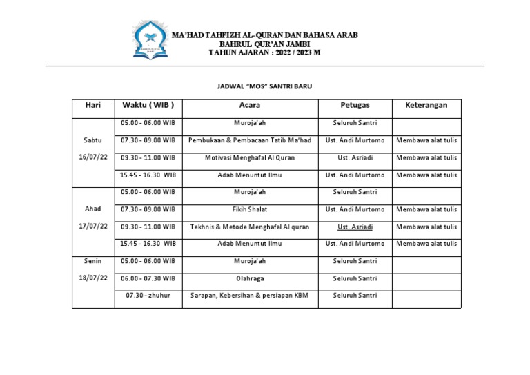 Jadwal MOS Bahrul Quran Juli 2022 | PDF