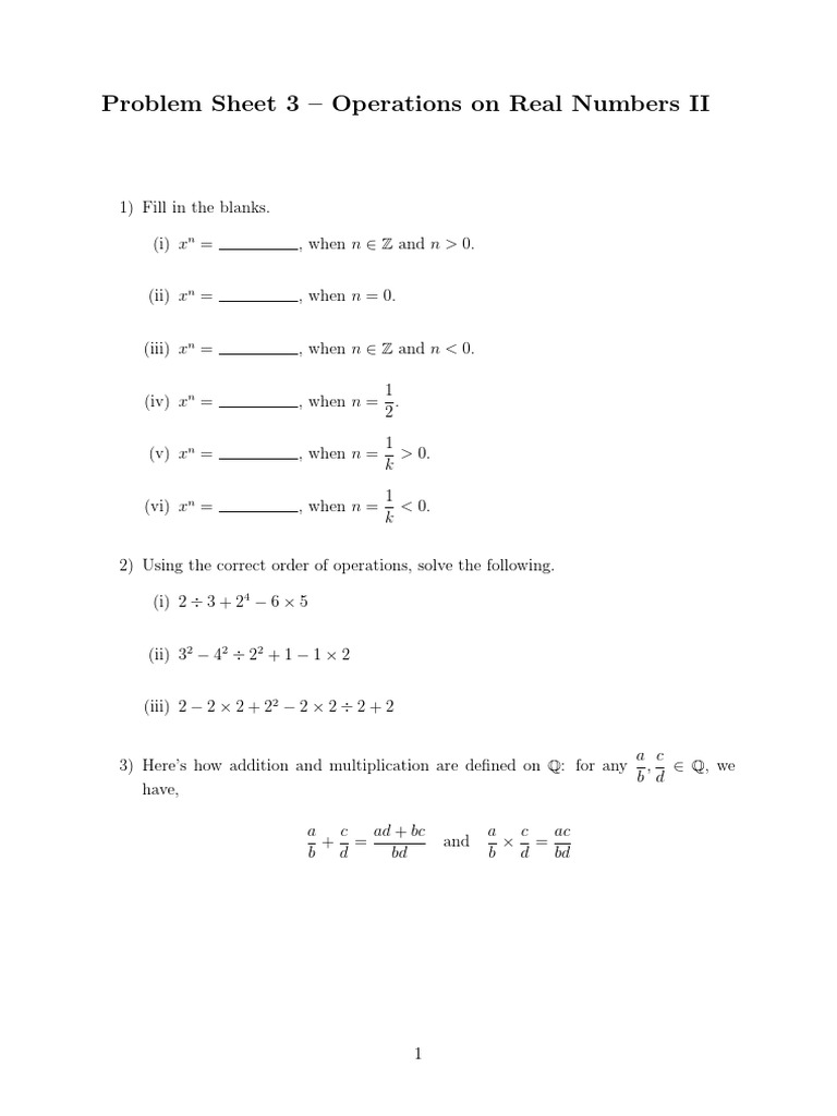 Problem Sheet 3 - Operations On Real Numbers II | PDF