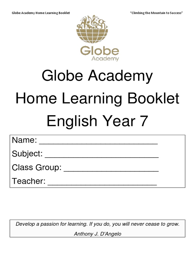 Y7 English Autumn 1 Homework Booklet | PDF | Learning | Homework