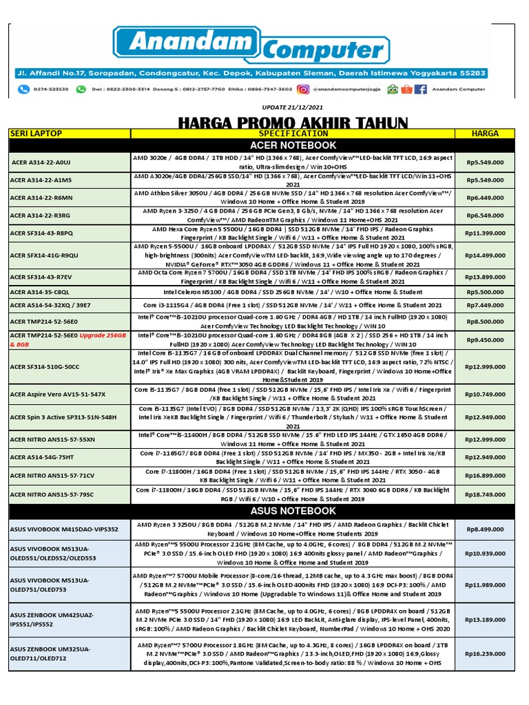 Harga Promo Akhir Tahun: Seri Laptop Specification Harga | PDF ...