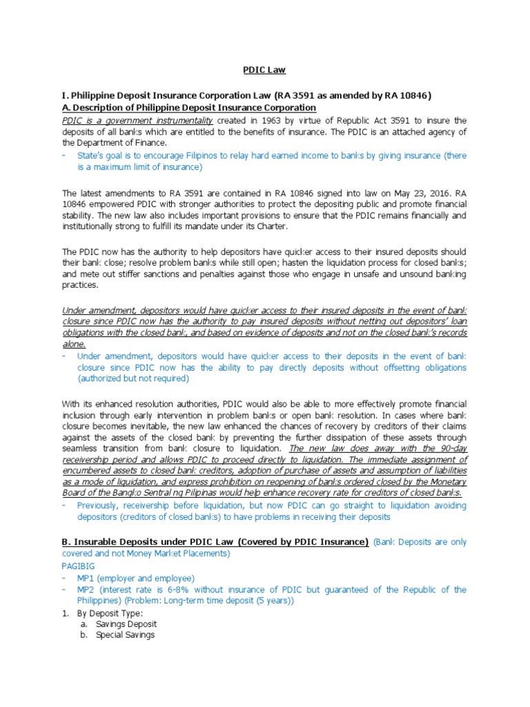 Pdic Law I. Philippine Deposit Insurance Corporation Law (RA 3591 As ...