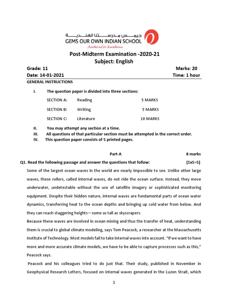Grade 11 English - Question Paper - Post - Midterm Examination - 2020 ...