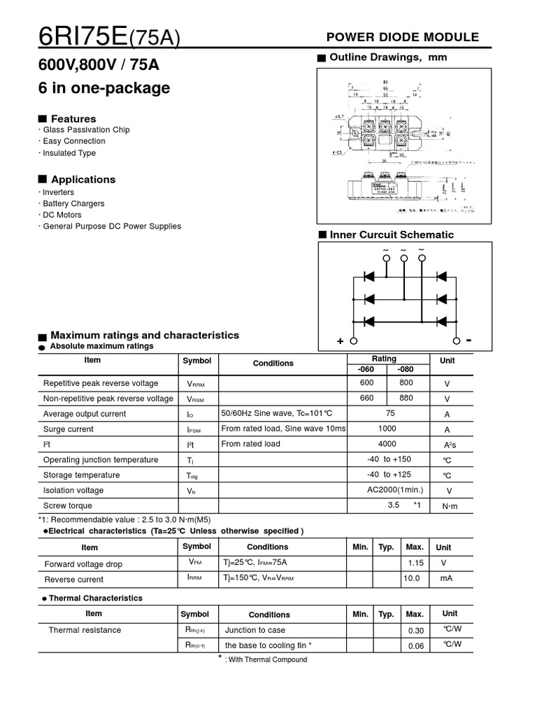 6RI75E-080 Power Diode Module Datasheet | PDF | Diode | Power Inverter