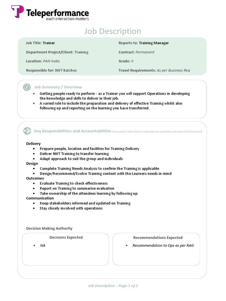 Job Description Trainer | PDF | Learning | Cognition