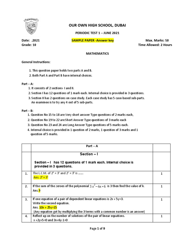 GD 10 PT1 SAMPLE PAPER - MATH Answer Key | PDF | Quadratic Equation ...