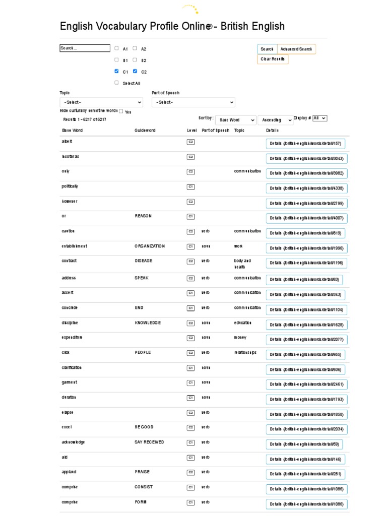 English Vocabulary Profile Online - British English: A1 A2 B1 B2 C1 C2 ...