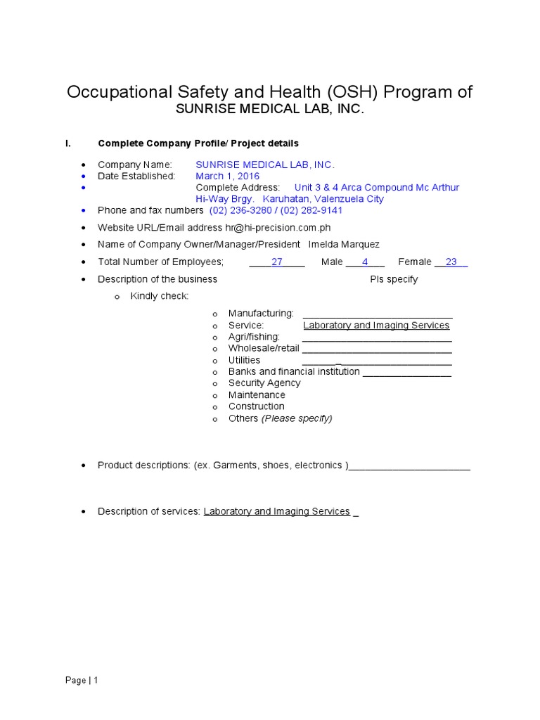 Occupational Safety and Health (OSH) Program Of: Sunrise Medical Lab ...