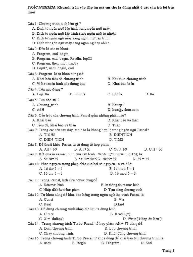 40 Cau Hoi Trac Nghiem Pascal | PDF
