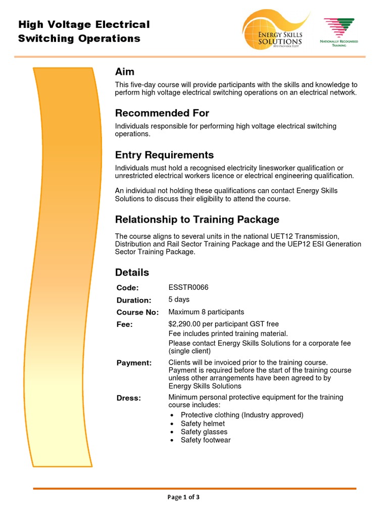 High Voltage Electrical Switching Operations: Code: Duration: Course No ...