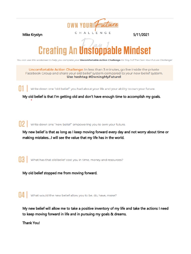 #OwningMyFuture1 Worksheet | PDF | Self-Improvement | Wellness