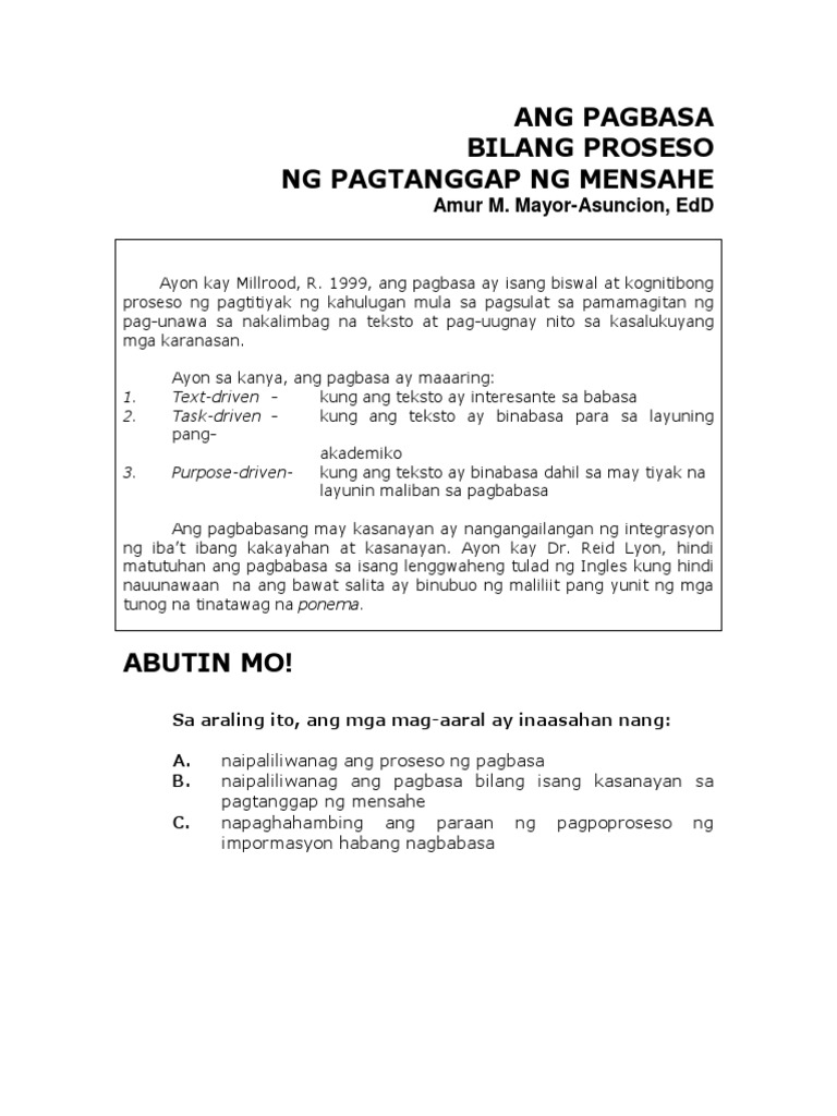 Ang Pagbasa Bilang Proseso NG Pagtanggap NG Mensahe | PDF