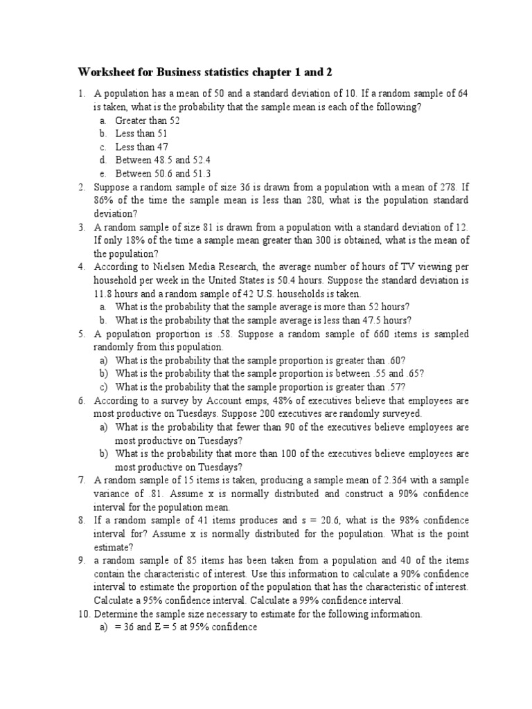 Business Statistics Worksheet | PDF | Confidence Interval | Sampling ...