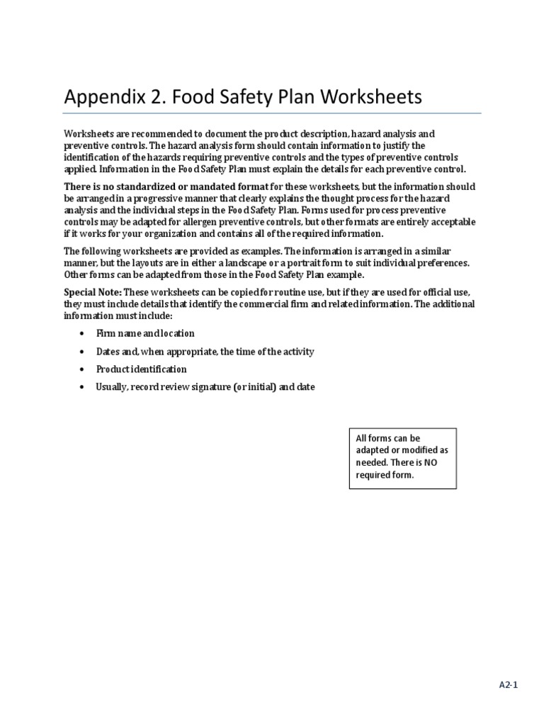 Appendix 2. Food Safety Plan Worksheets | PDF | Food Allergy | Foods