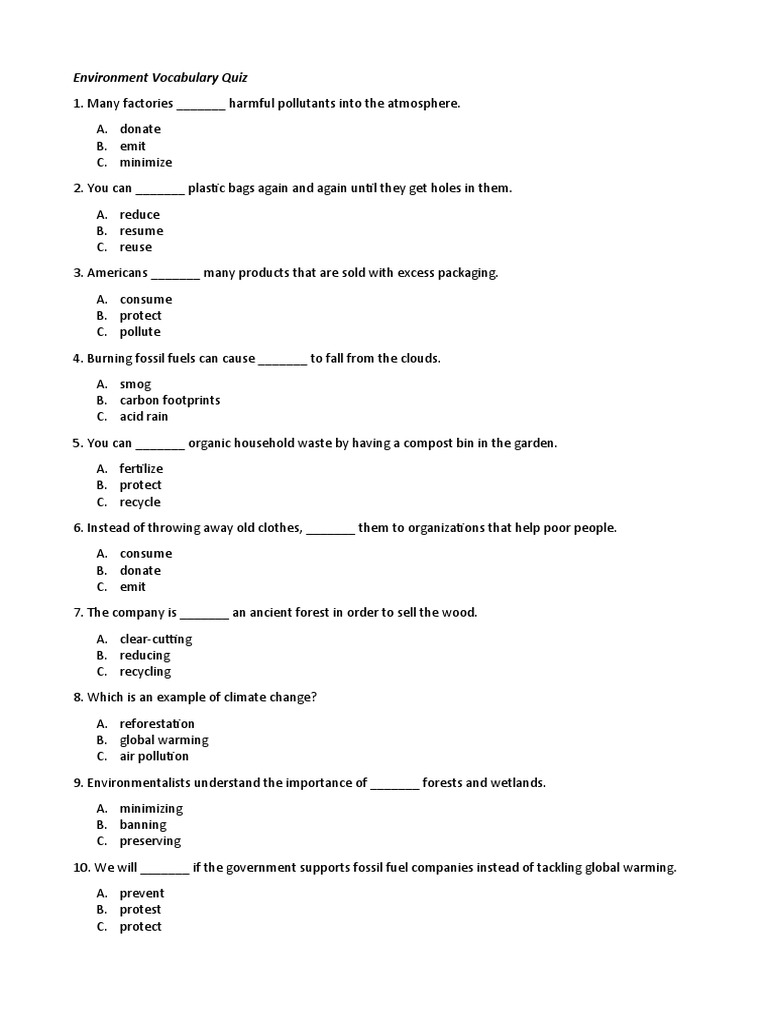 Environment Vocabulary Quiz | Download Free PDF | Climate Change ...