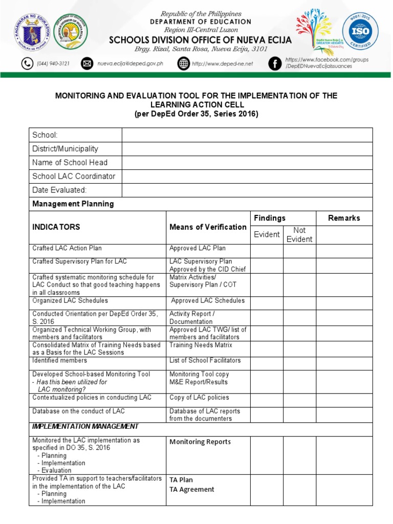 Monitoring And Evaluation Tool For The Implementation Of The Learning