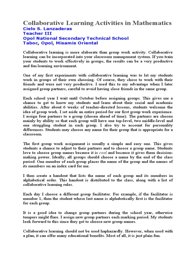 Collaborative Learning Activities in Mathematics | PDF | Classroom ...
