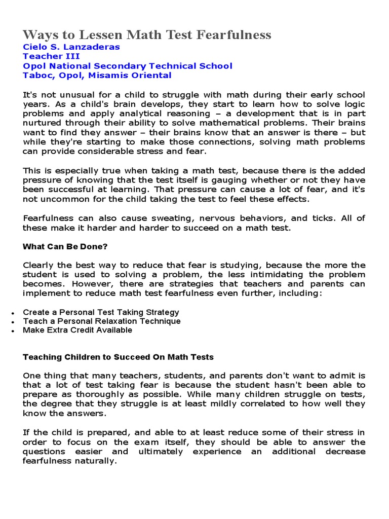 Ways To Lessen Math Test Fearfulness | PDF