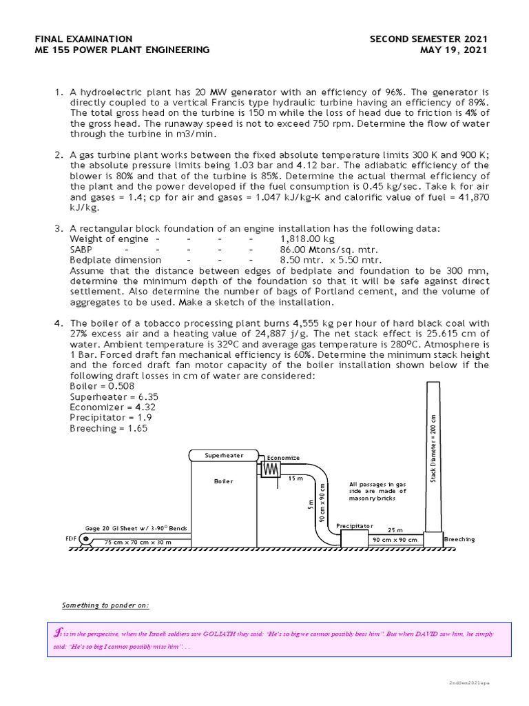 Final Examination Me 155 Power Plant Engineering: Something To Ponder ...