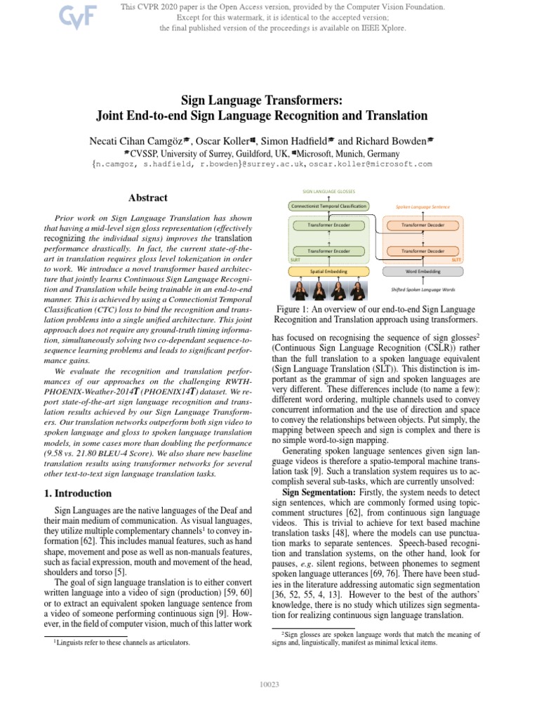Sign Language Transformers: Joint End-To-End Sign Language Recognition and Translation | PDF ...