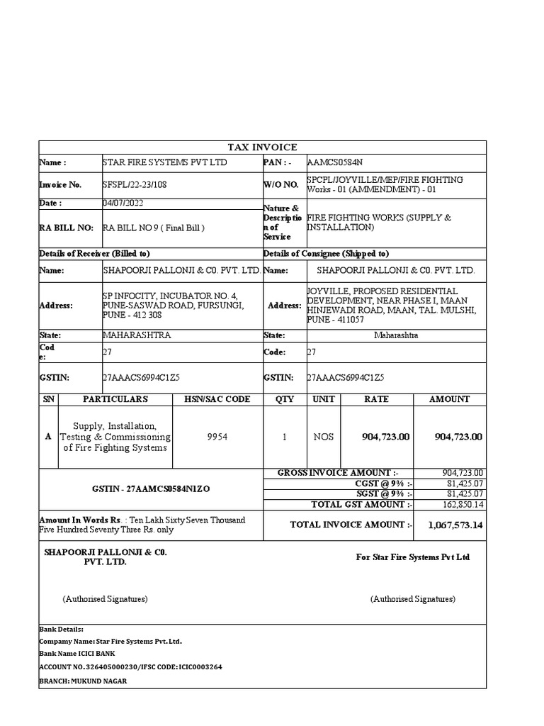 Final Payment Invoice for Fire Fighting Works at Joyville Residential ...