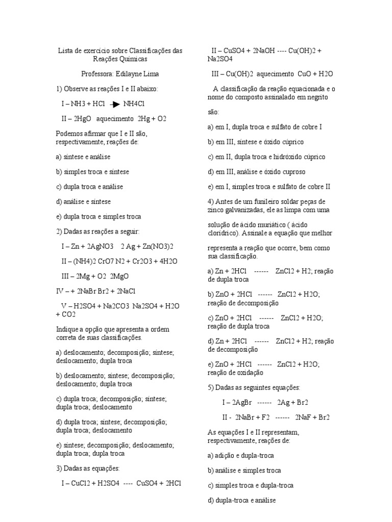 Lista De Exercício Sobre Classificações Das Reações Químicas