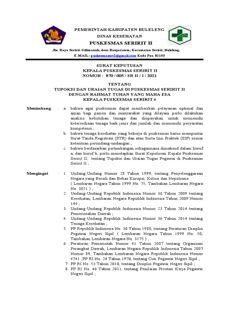 Tupoksi dan Tugas Pegawai Puskesmas II | PDF
