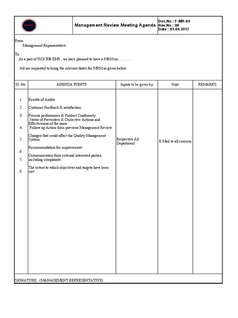 Management Review Meeting Agenda Template | PDF