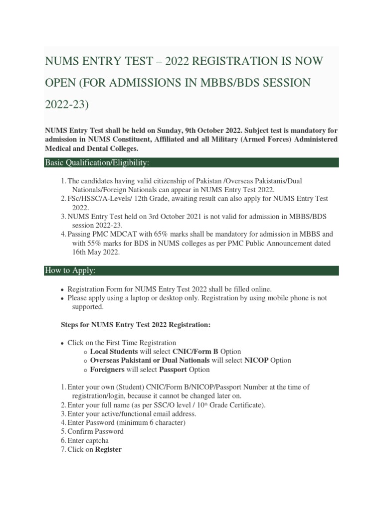 Nums Entry Test - 2022 Registration Is Now Open (For Admissions in Mbbs ...