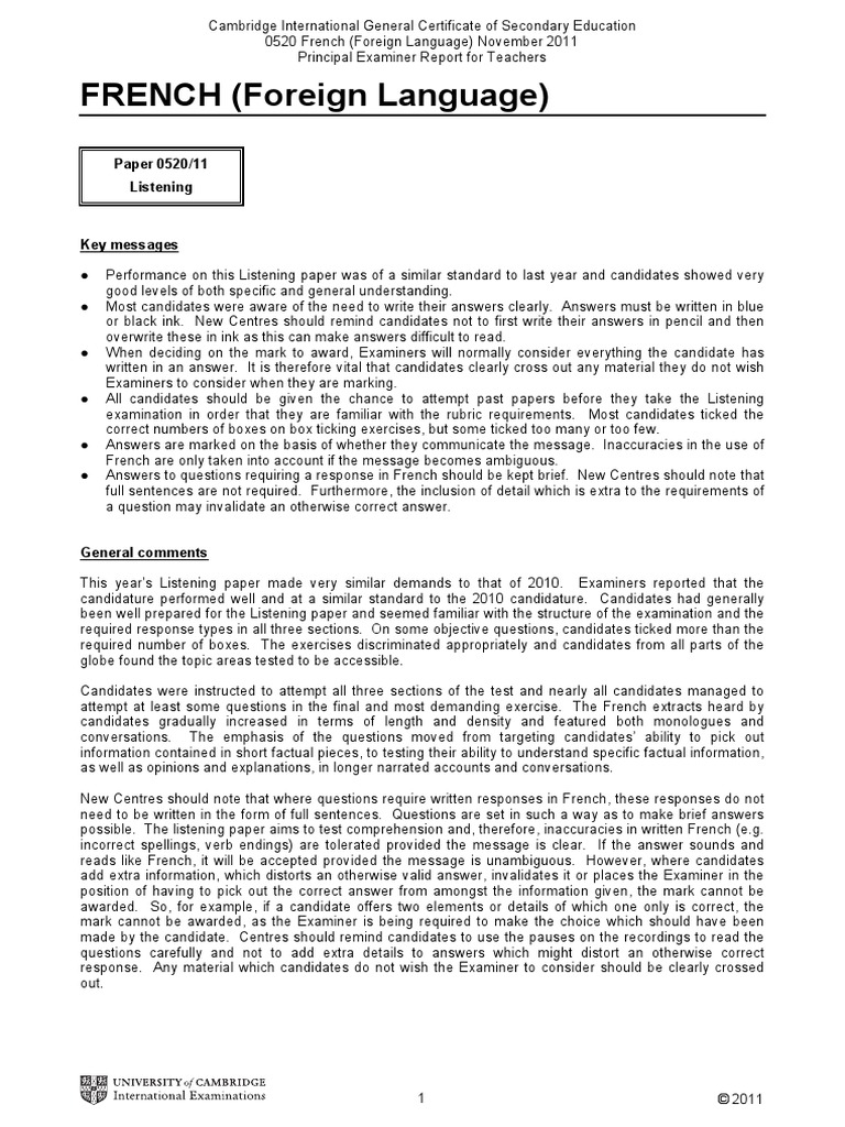 FRENCH (Foreign Language) : Paper 0520/11 Listening | PDF | Test ...