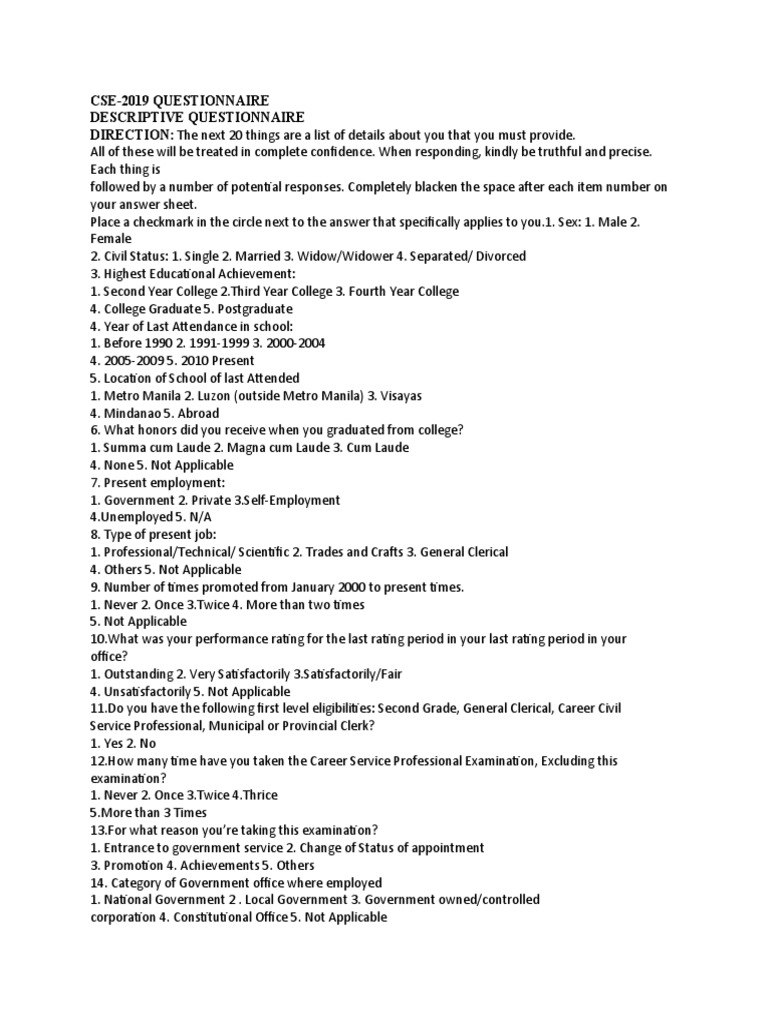 Cse-2019 Questionnaire Descriptive Questionnaire DIRECTION: The Next 20 ...
