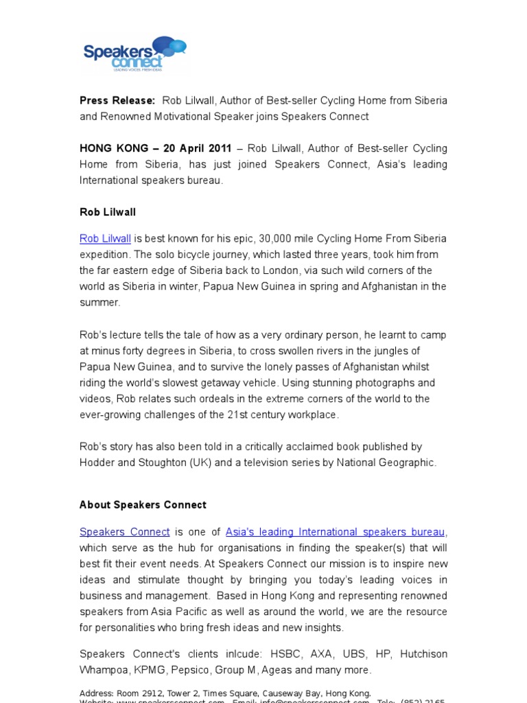 Rob Lilwall Joins Speakers Connect - A | PDF | Travel