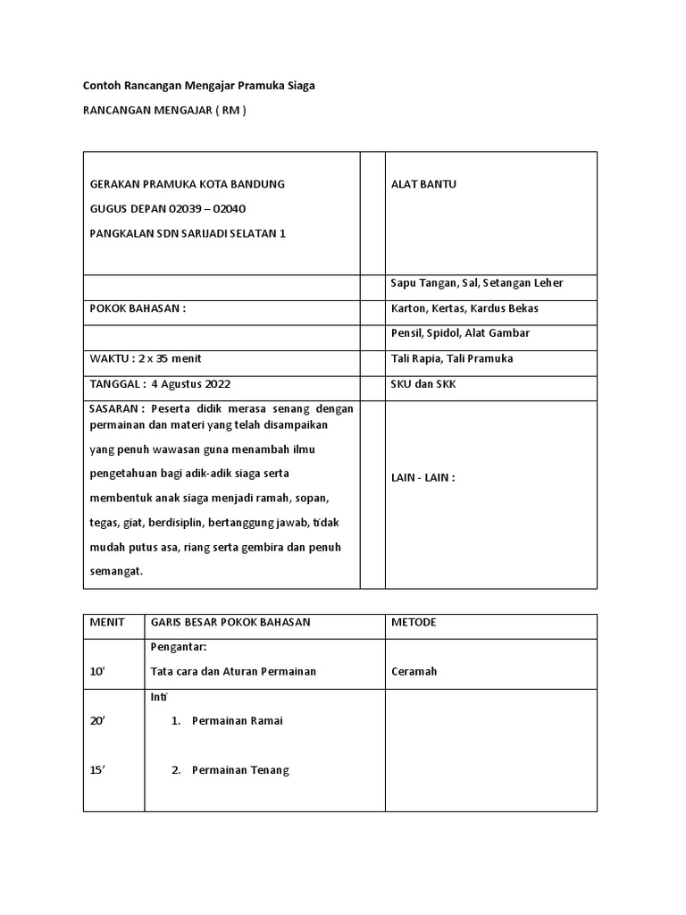 Contoh Rancangan Mengajar Pramuka Siaga | PDF