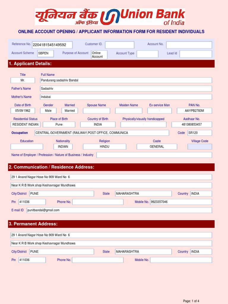 Online Application for Individual Resident Account Opening with Union ...