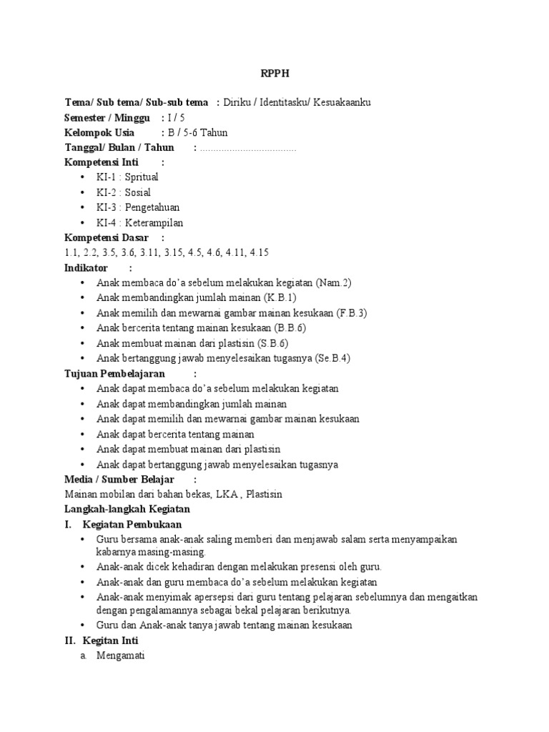 1.minggu - RPPH Tema Diri Sendiri - Identitasku - Kesukaanku | PDF ...