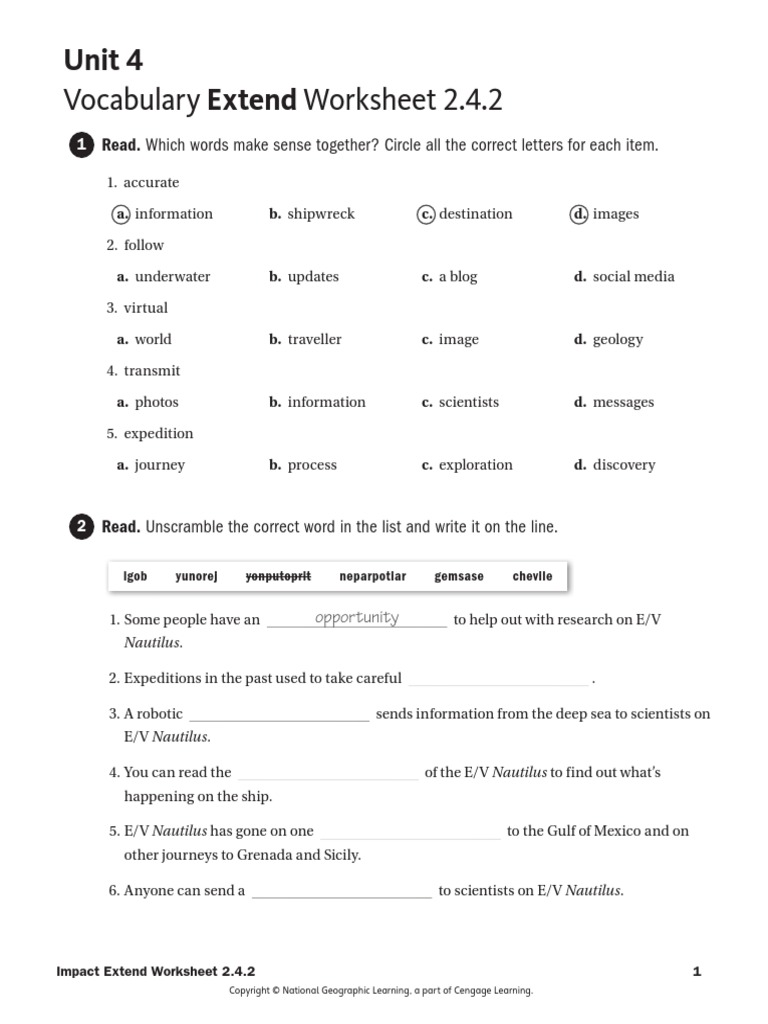 Vocabulary Extend Worksheet 2.4.2: Unit 4 | PDF | Communication