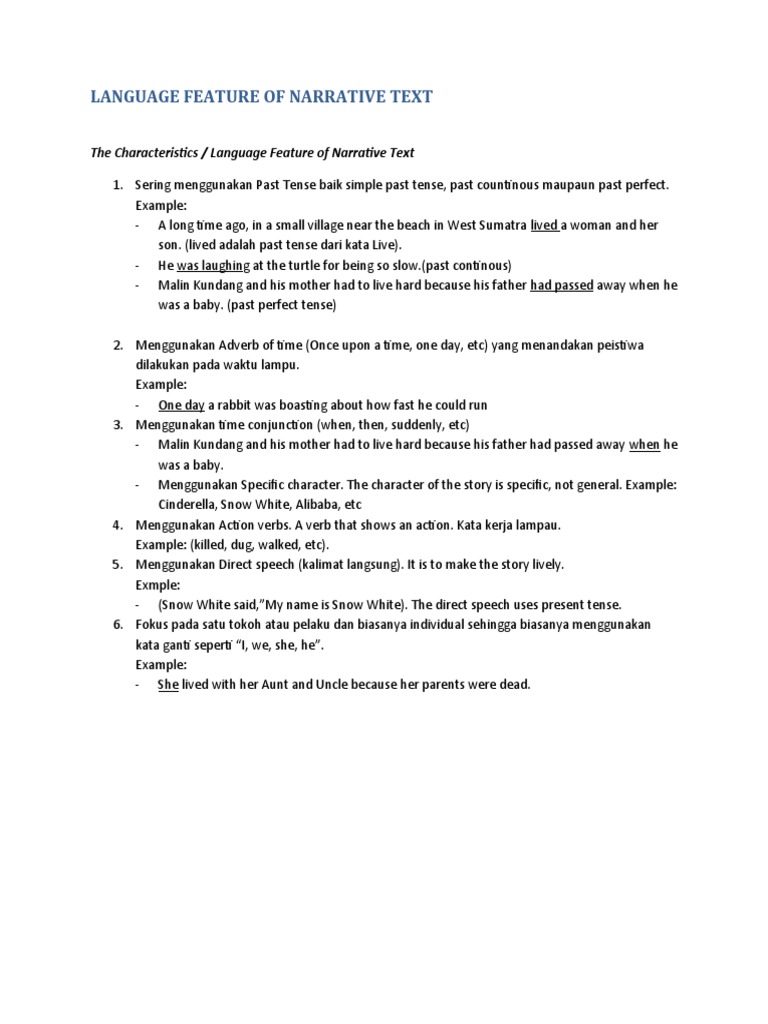 Language Feature of Narrative Text | PDF | Grammatical Tense | Grammar